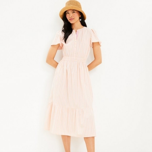 LOFT | Dresses | Loft Stripe Smocked Waist Button Midi Dress M 223 ...